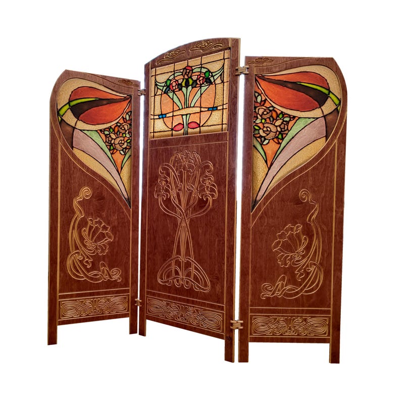 Art Nouveau Style Handmade Wood Folding Screen Inspired by Gaspar Homar ...
