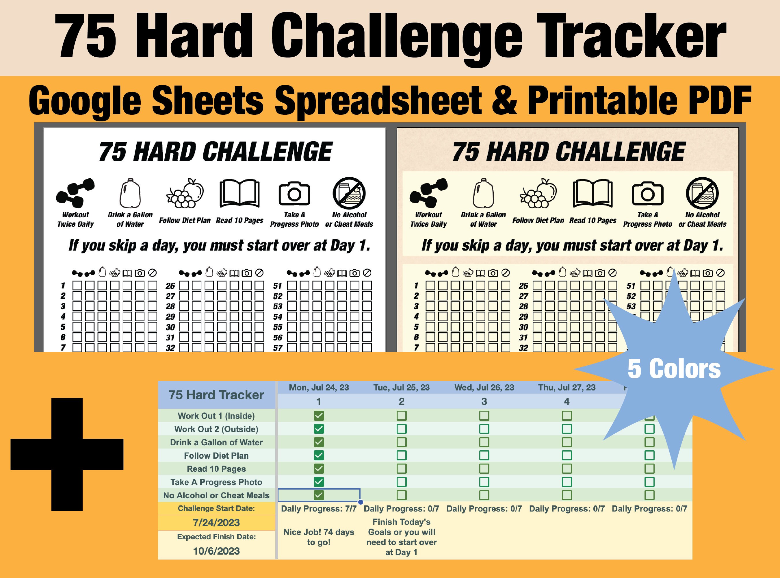 75 Hard Challenge Tracker, Digital & Physical Bundle PDF and Google ...