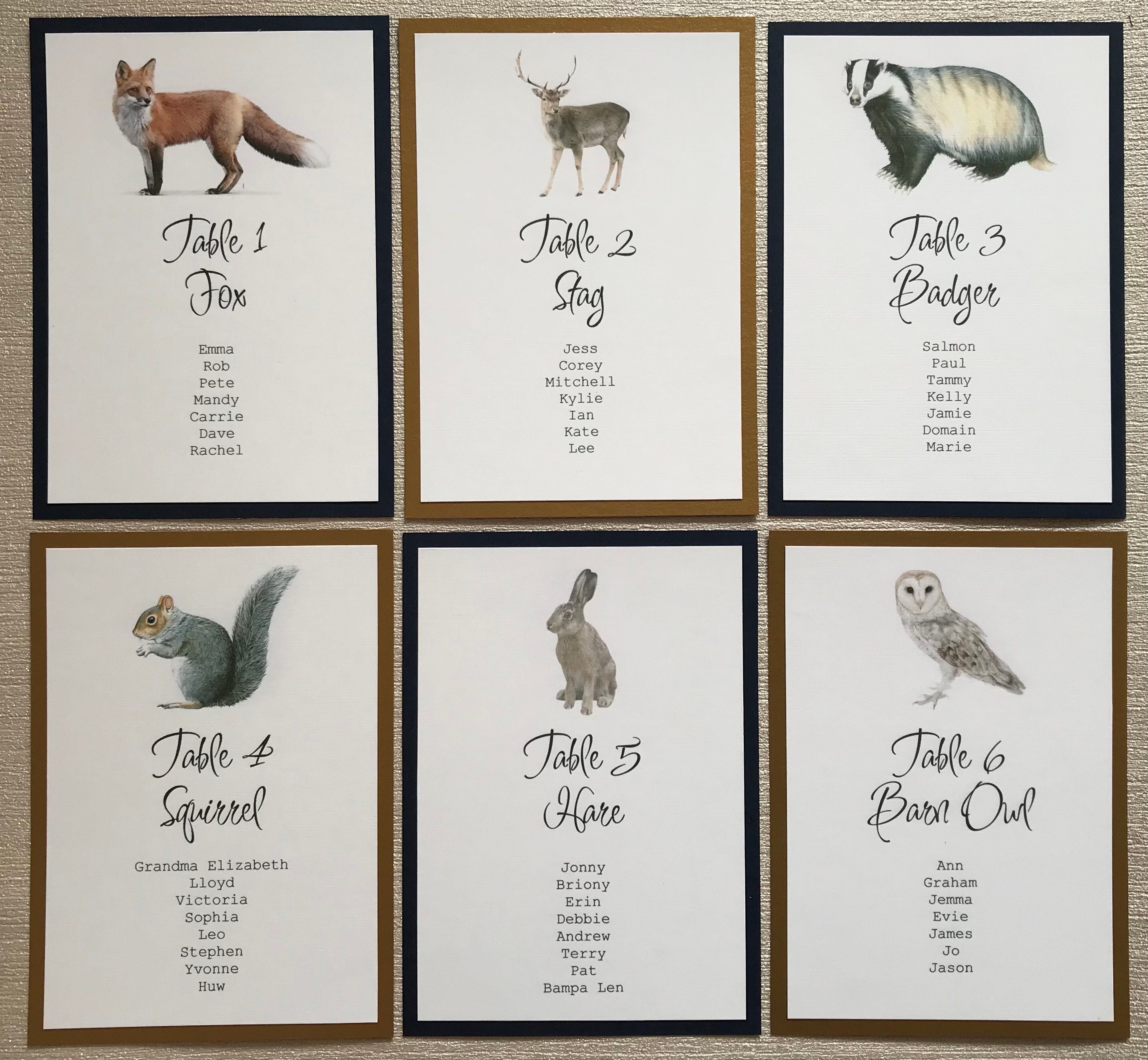 Woodland Animals Table Plan Cards / Country Wedding Wild Animal Theme ...