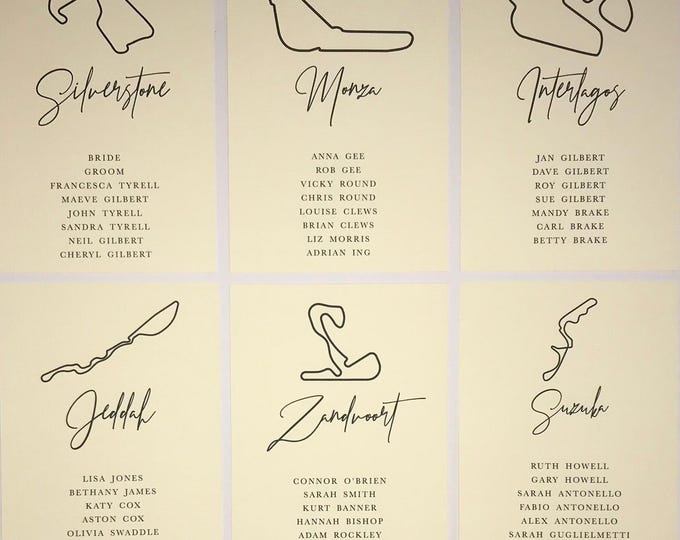 Custom F1 / Formula 1 / Racing Wedding Table Names / Table Numbers ...