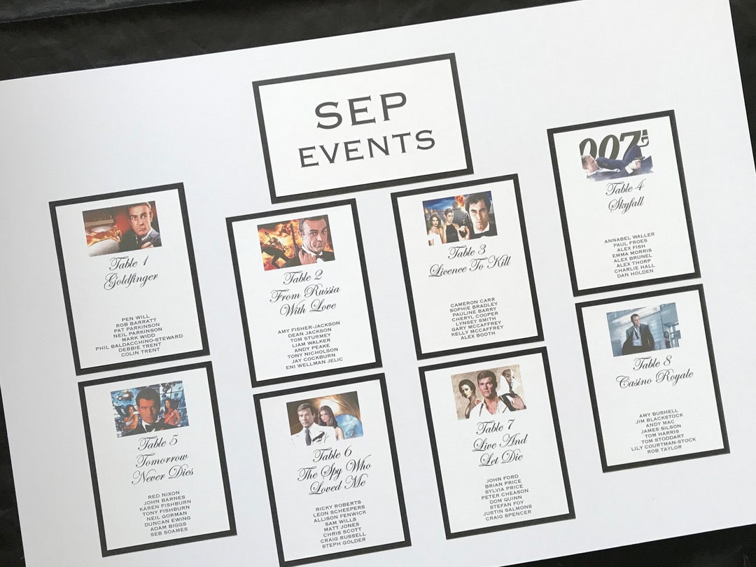 James Bond Movie Table Plan, Casino Theme Seating Chart, Personalised ...