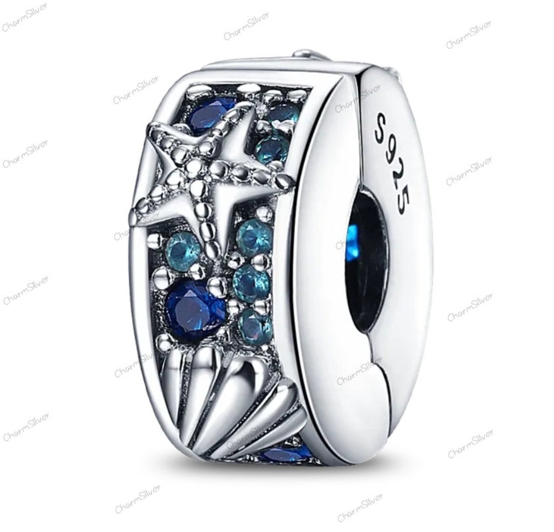 New Charm Clip S925 Cute Silver and Blue Details Tropical Starfish and ...