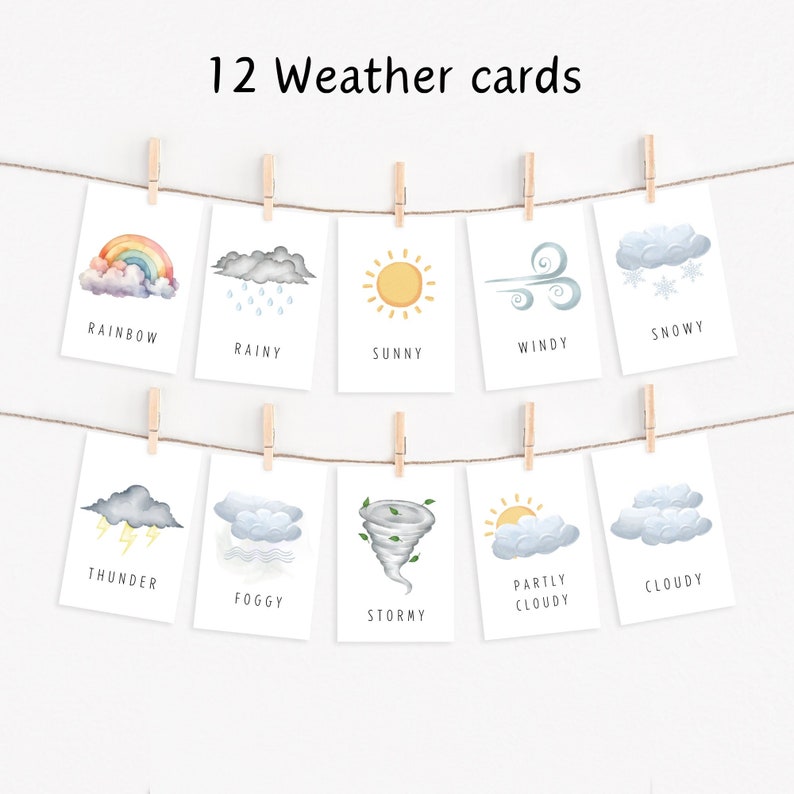 Montessori Weather Flashcards Set 12 Educational Cards Preschool ...