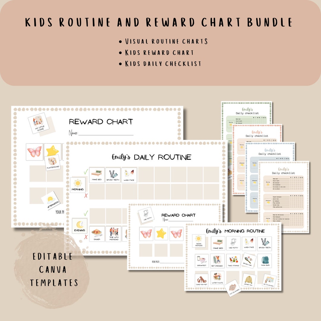 Kids Routine & Chore Charts Bundle, Reward Chart, Editable Daily ...