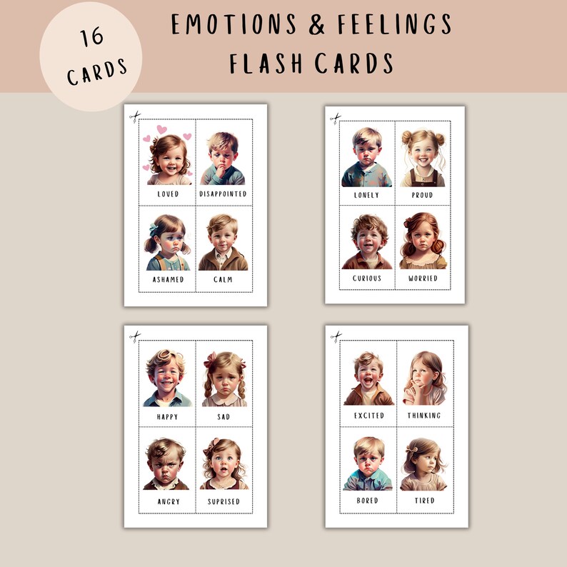 Kids Emotions Flashcards, Homeschool Ativity: Montessori Feelings Cards ...