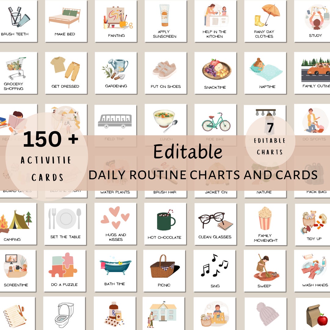 Kids Daily Routine Chart With 150+ Cards, Editable Daily Kids' Schedule ...