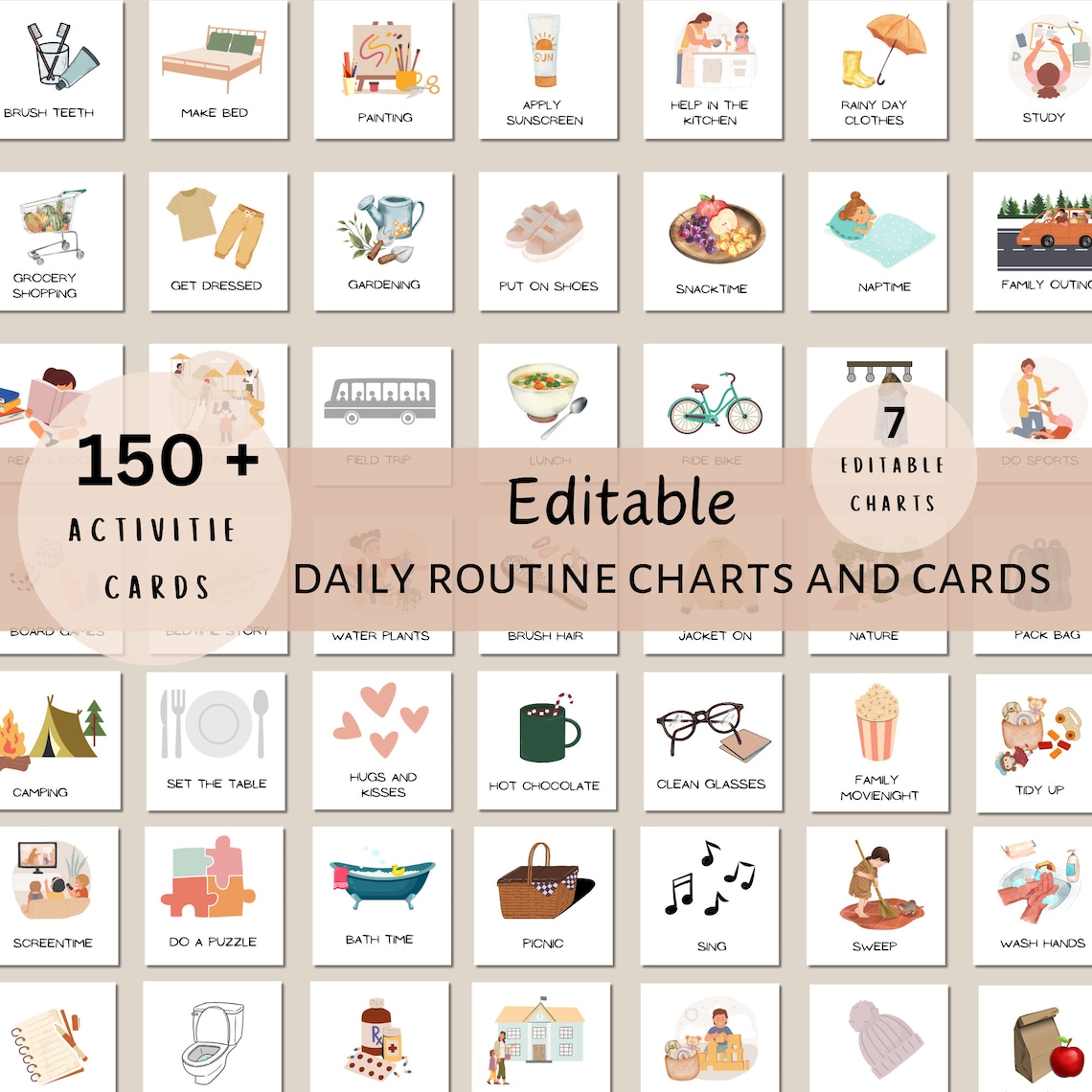 Kids Daily Routine Chart With 150 Cards, Editable Daily Kids' Schedule ...