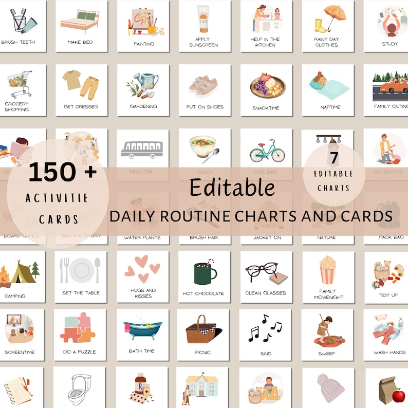 Kids Daily Routine Chart With 150+ Cards, Editable Daily Kids' Schedule ...