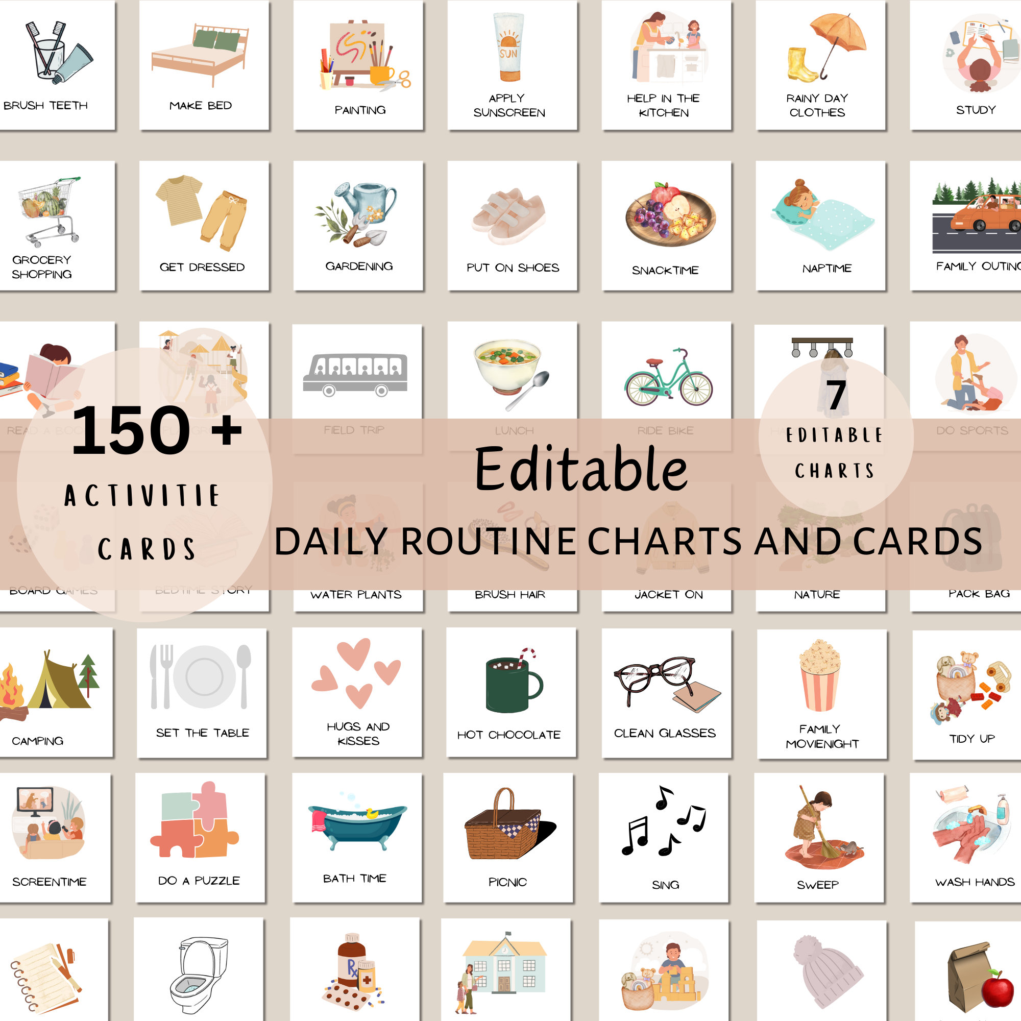 Kids Daily Routine Chart With 150 Cards, Editable Daily Kids' Schedule ...