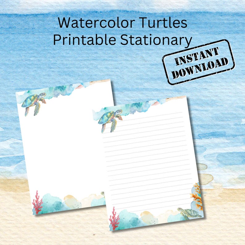 Watercolor Sea Turtles Printable Letter Paper, Beach Relaxing Printable ...