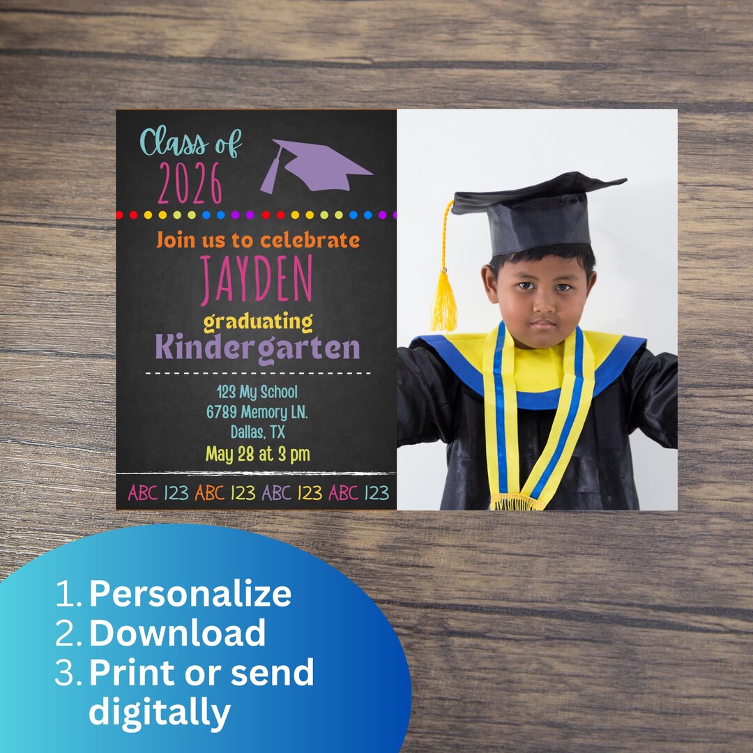 Photo Kindergarten Graduation Invitation, K5 Graduation, ABC and 123 ...