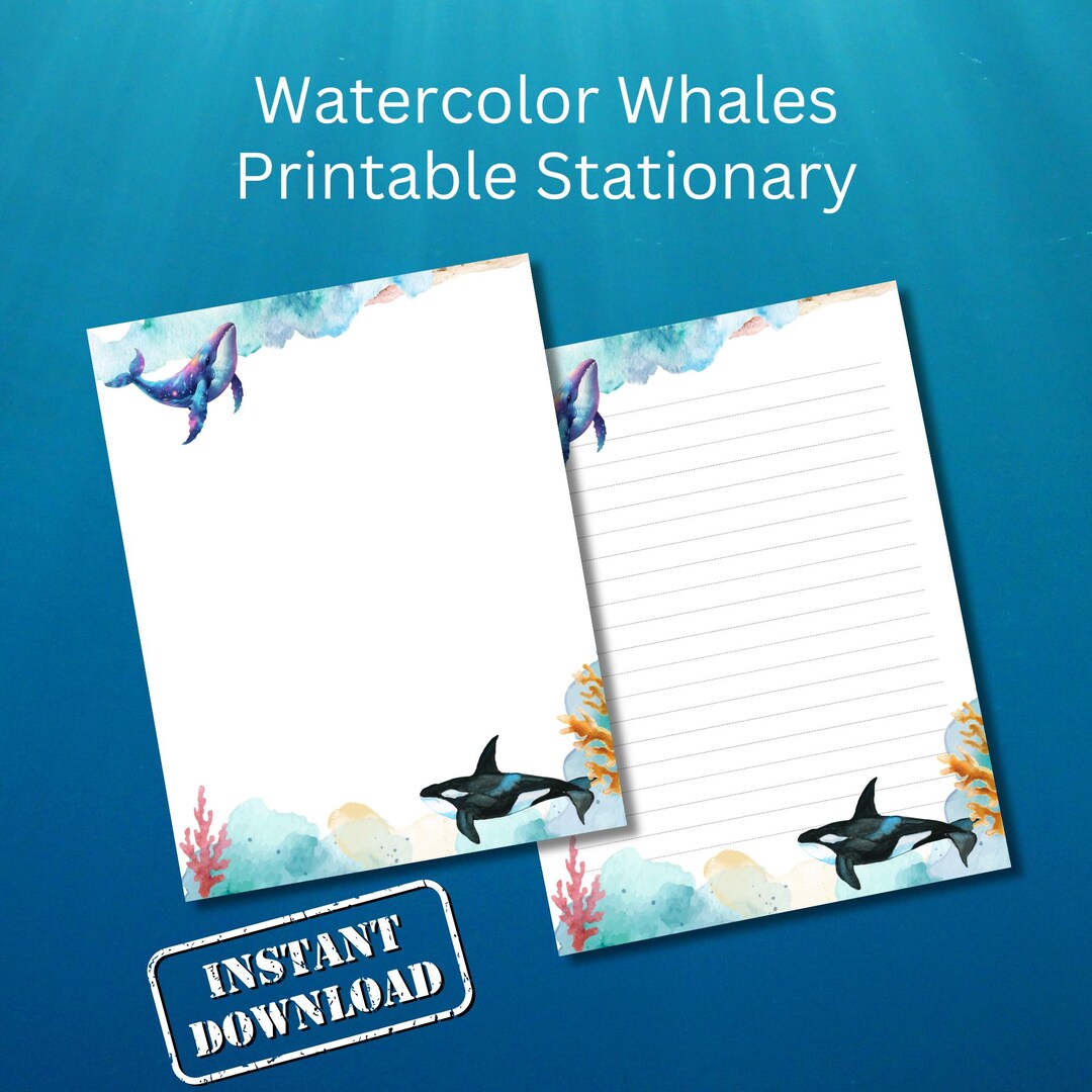 Watercolor Whales Printable Letter Paper, Beach Relaxing Printable ...
