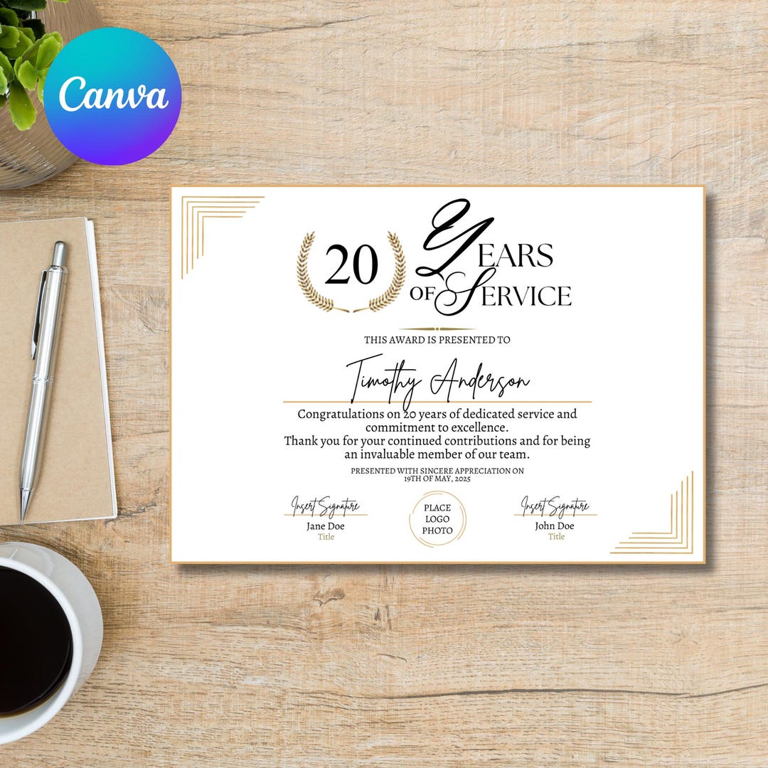 Years of Service Editable Award Template Corporate Gift Employee Awards ...