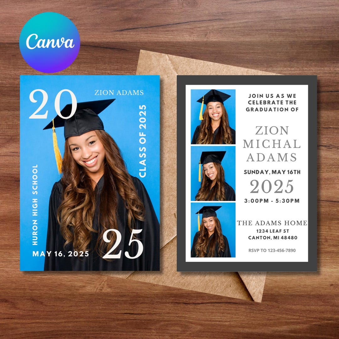 Canva Graduation Card With Photo Template Printable Class Invitations Editable - Modern Athletic ...