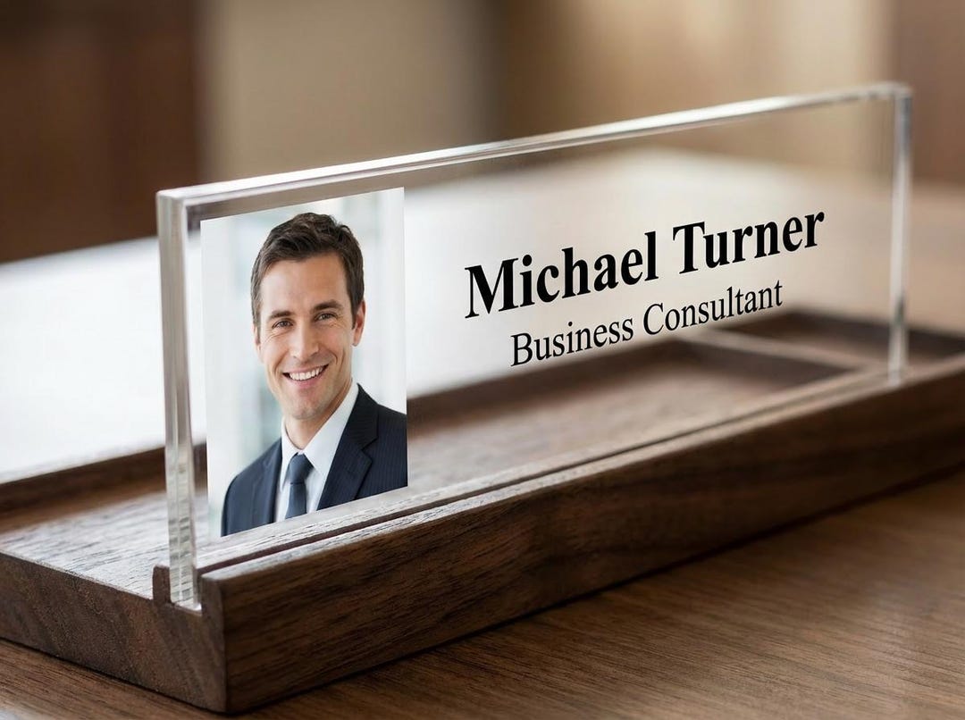 Desk Name Plate for Men - Personalized Acrylic Nameplate With Wooden ...