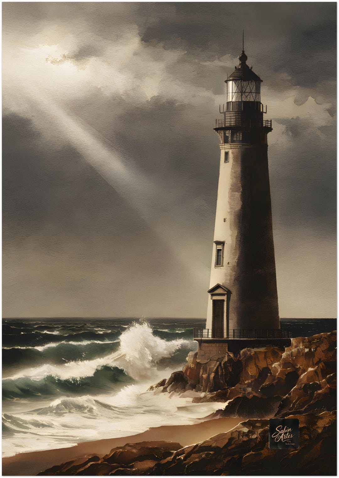 Dramatic Lighthouse Poster Design With Stormy Waves Timeless Wall Art ...