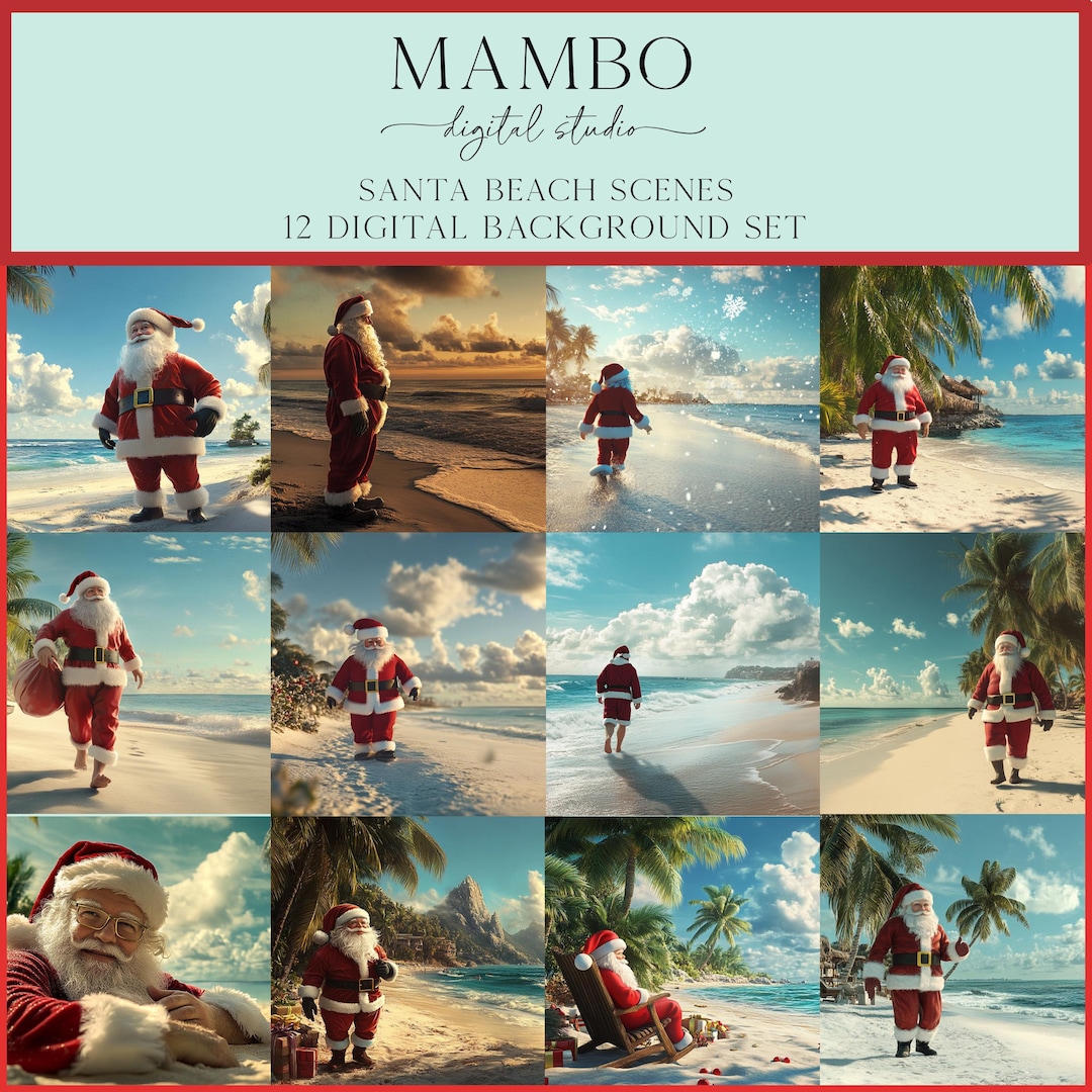 Santa Beach Scenes Digital Backdrop Set, Photoshop Background, Digital ...