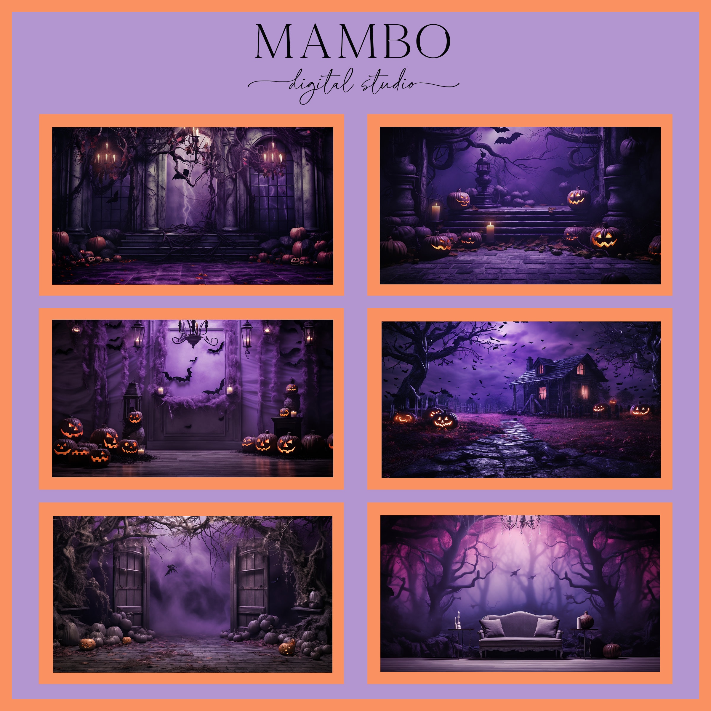 Spooky Purple Halloween Scenes Digital Backdrop Set, Photoshop ...