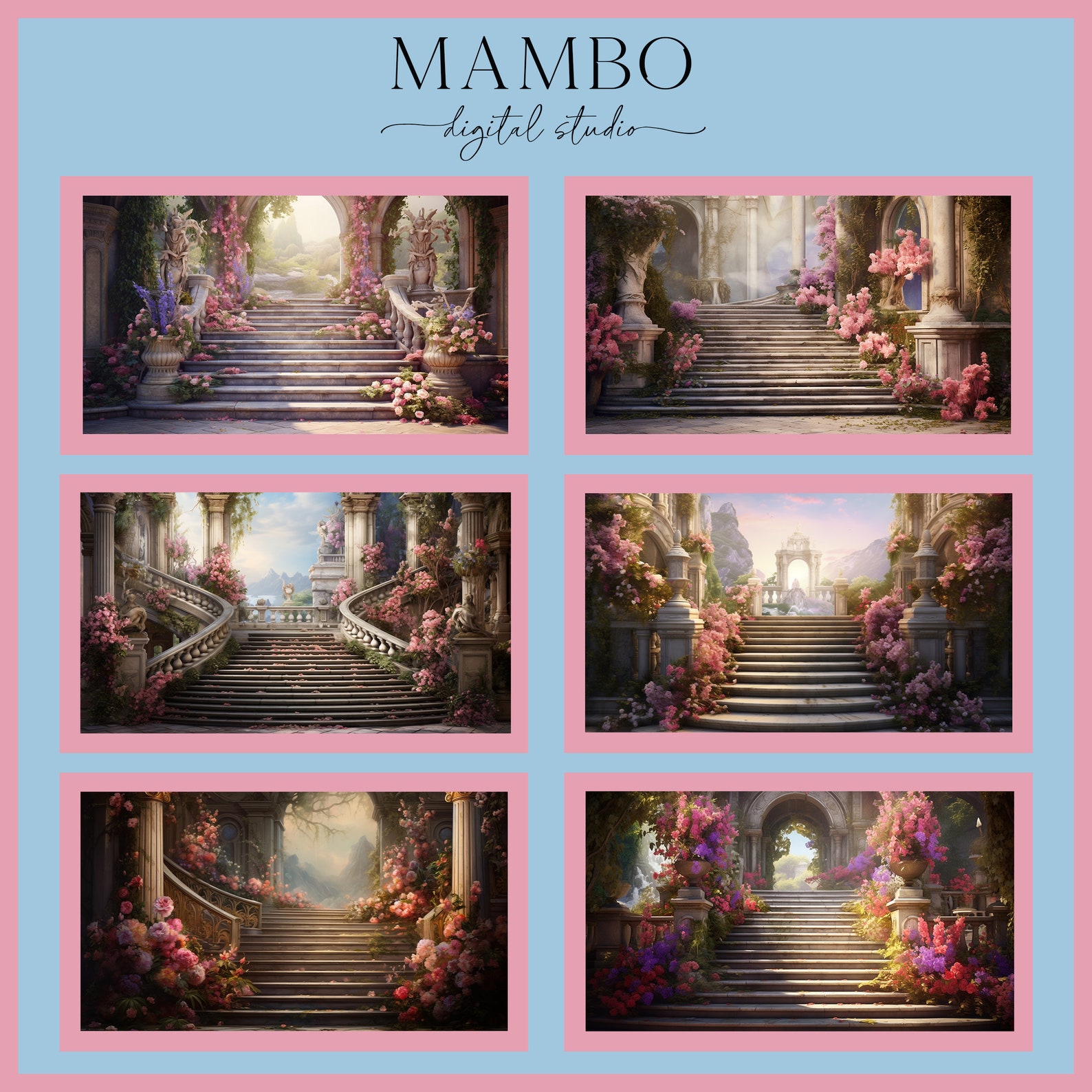 Floral Palace Steps Digital Backdrop Set, Photoshop Background, Digital ...