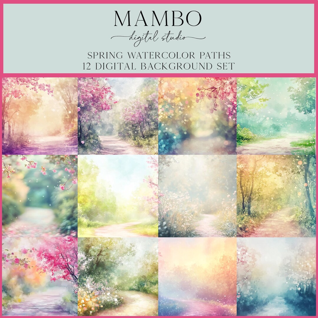 Spring Watercolor Path Scenes Digital Backdrop Set, Photoshop ...