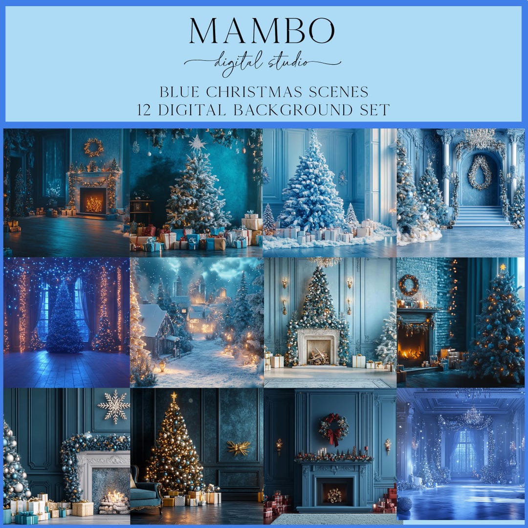 Blue Christmas Scenes Digital Backdrop Set, Photoshop Background ...