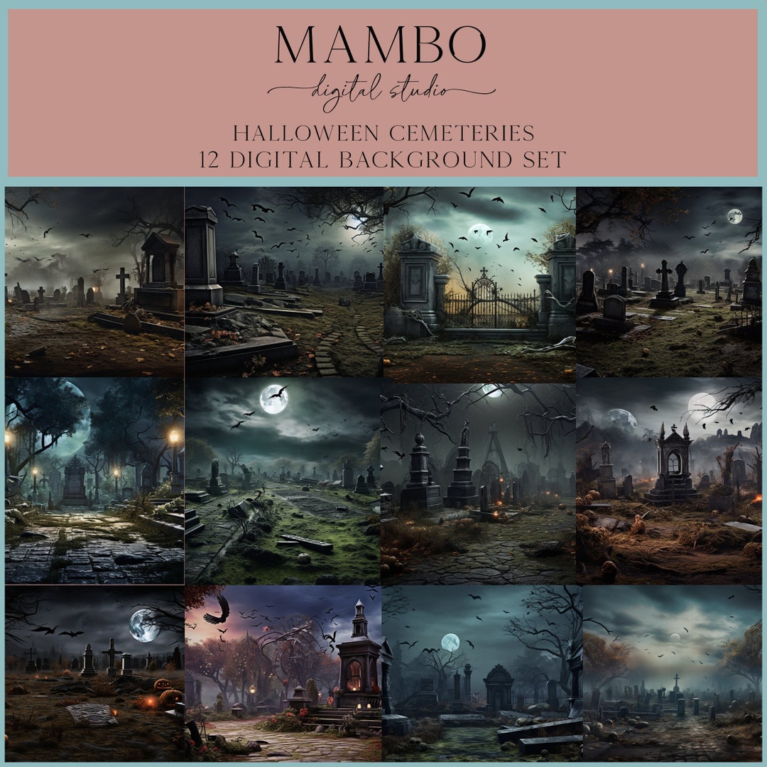 Spooky Halloween Cemeteries Digital Backdrop Set, Photoshop Background ...