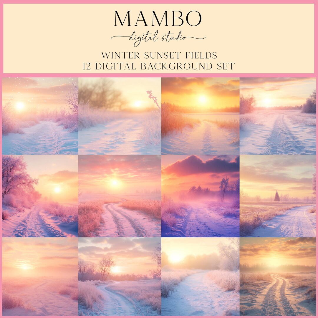 Winter Sunset Field Scenes Digital Backdrop Set, Photoshop Background ...