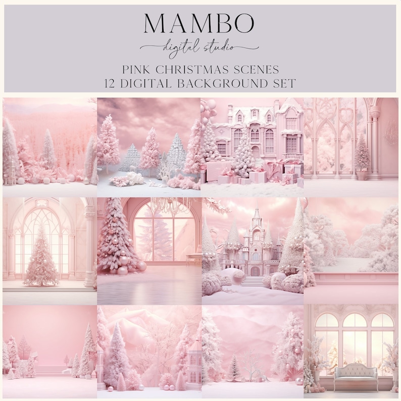 Pink Christmas Scenes Digital Backdrop Set, Photoshop Background ...