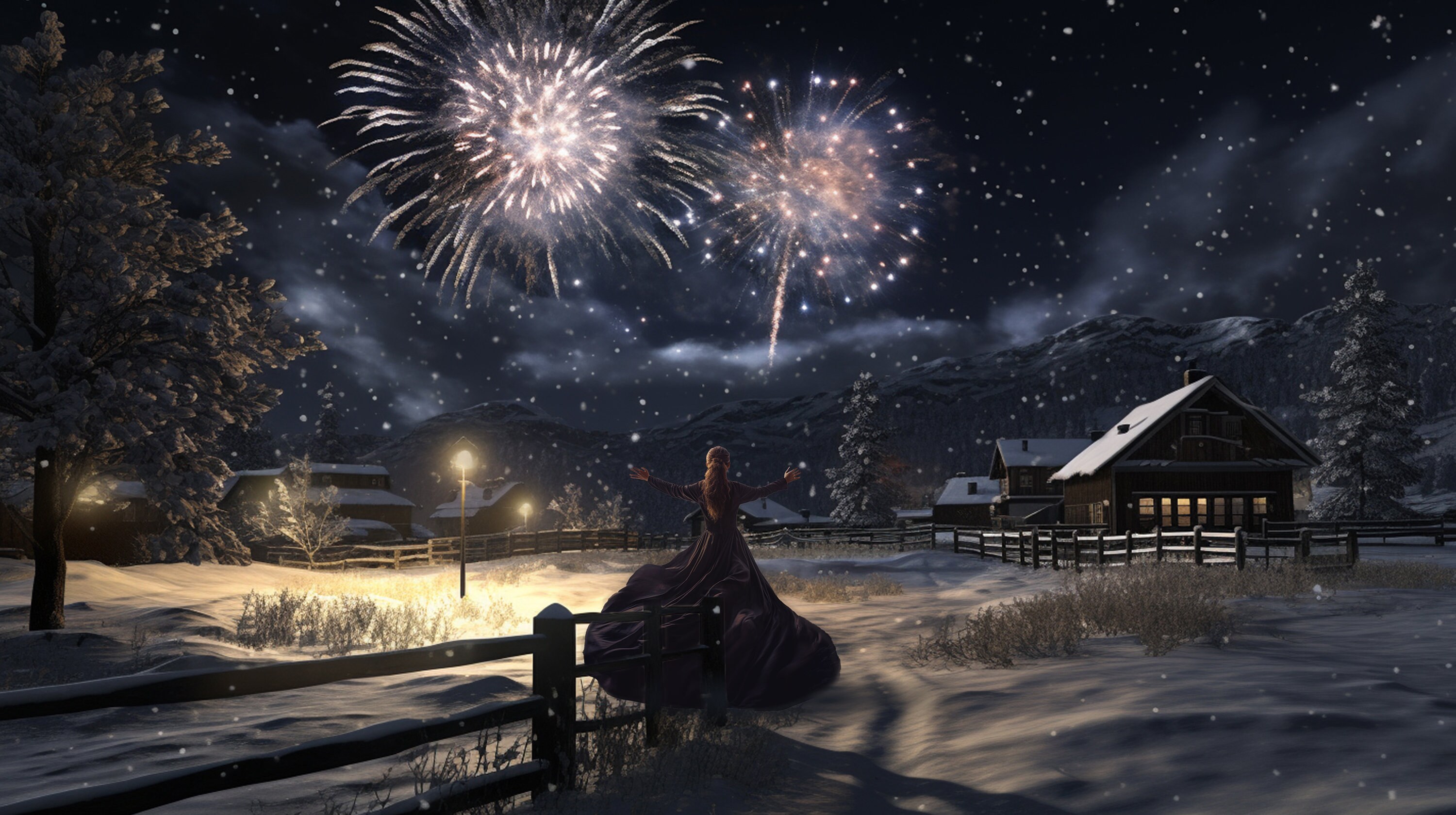 Snowy Fireworks Scene New Years Winter Christmas Dance Digital Backdrop ...