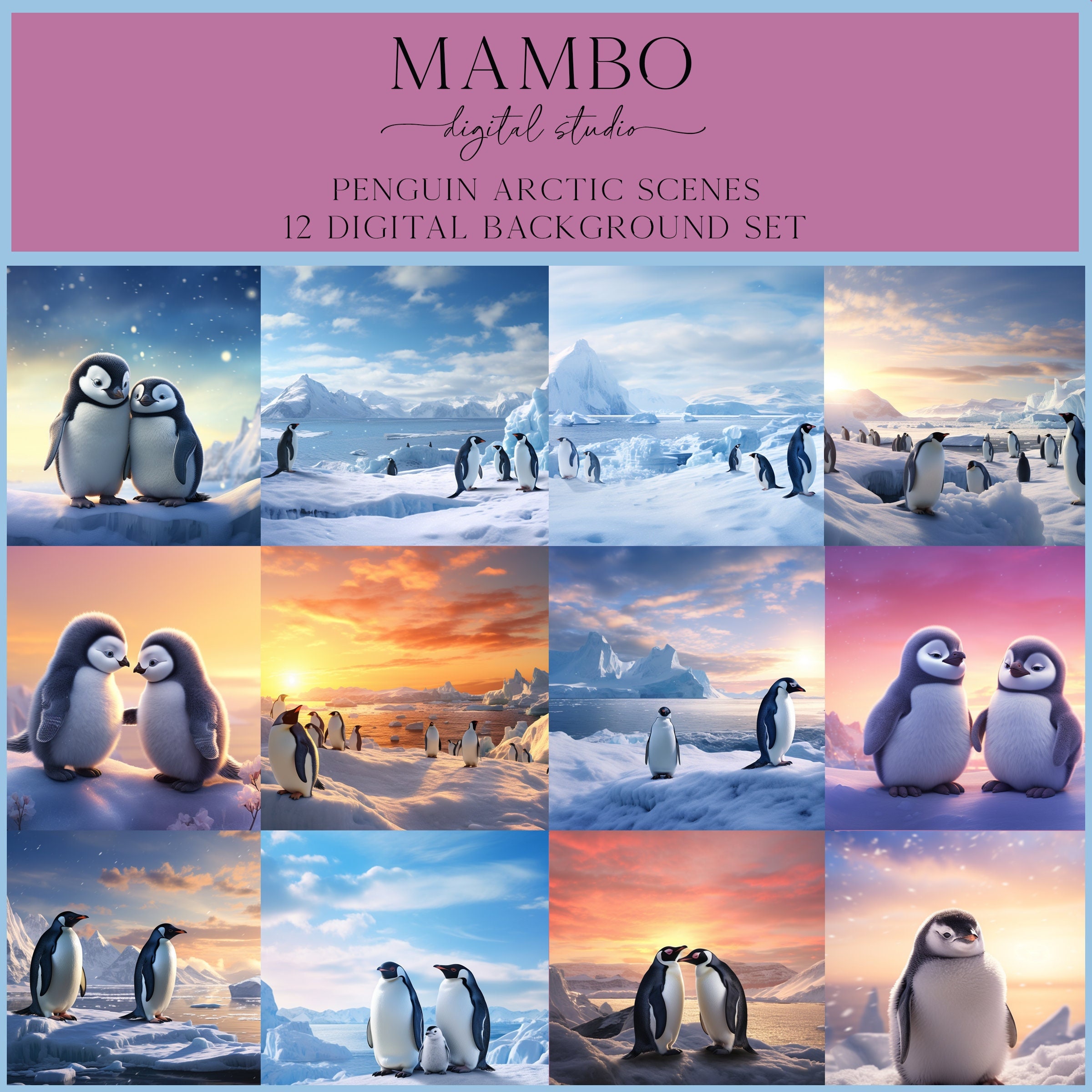 Penguin Arctic Scenes Digital Backdrop Set, Photoshop Background ...