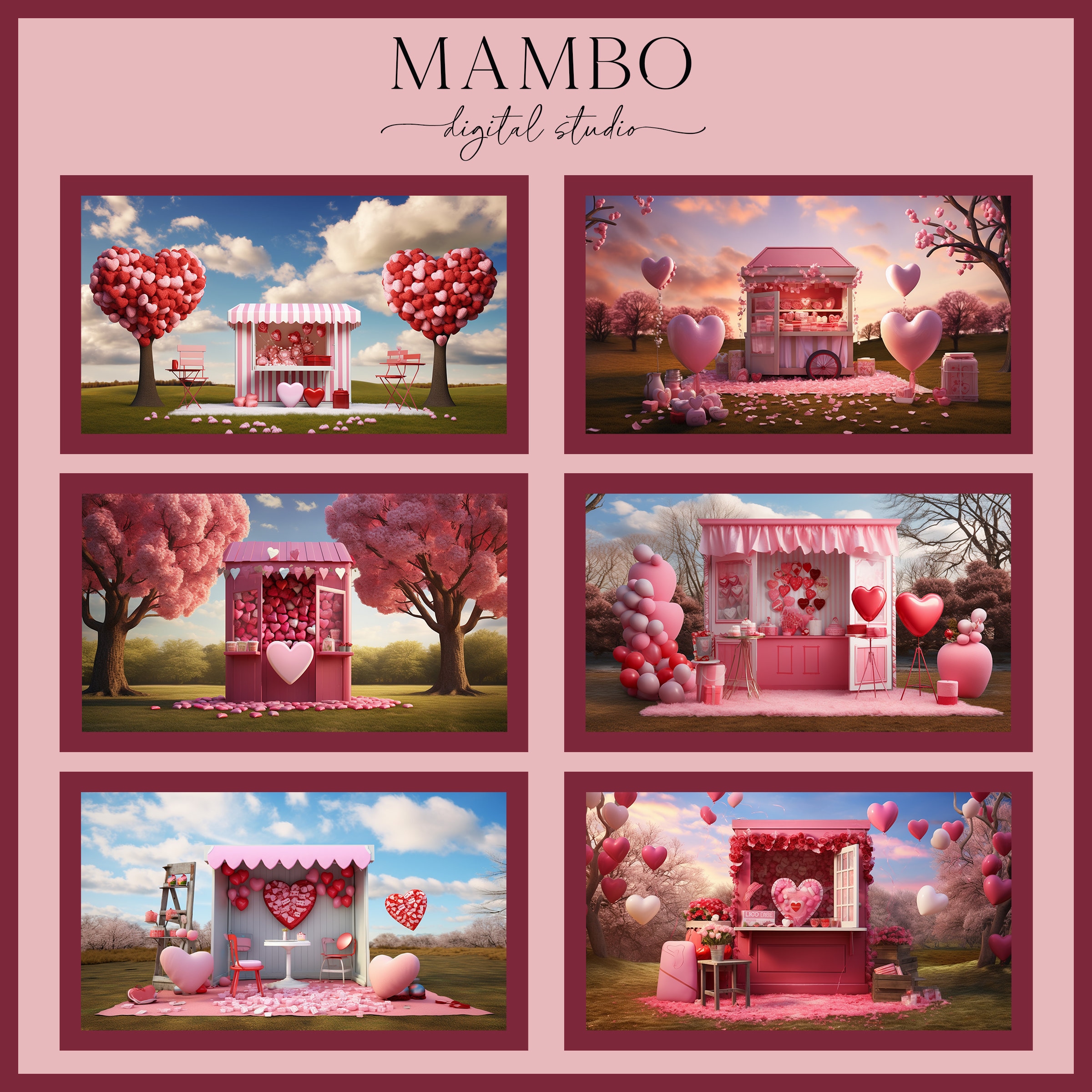 Valentine Kissing Booths Digital Backdrop Set, Photoshop Background ...