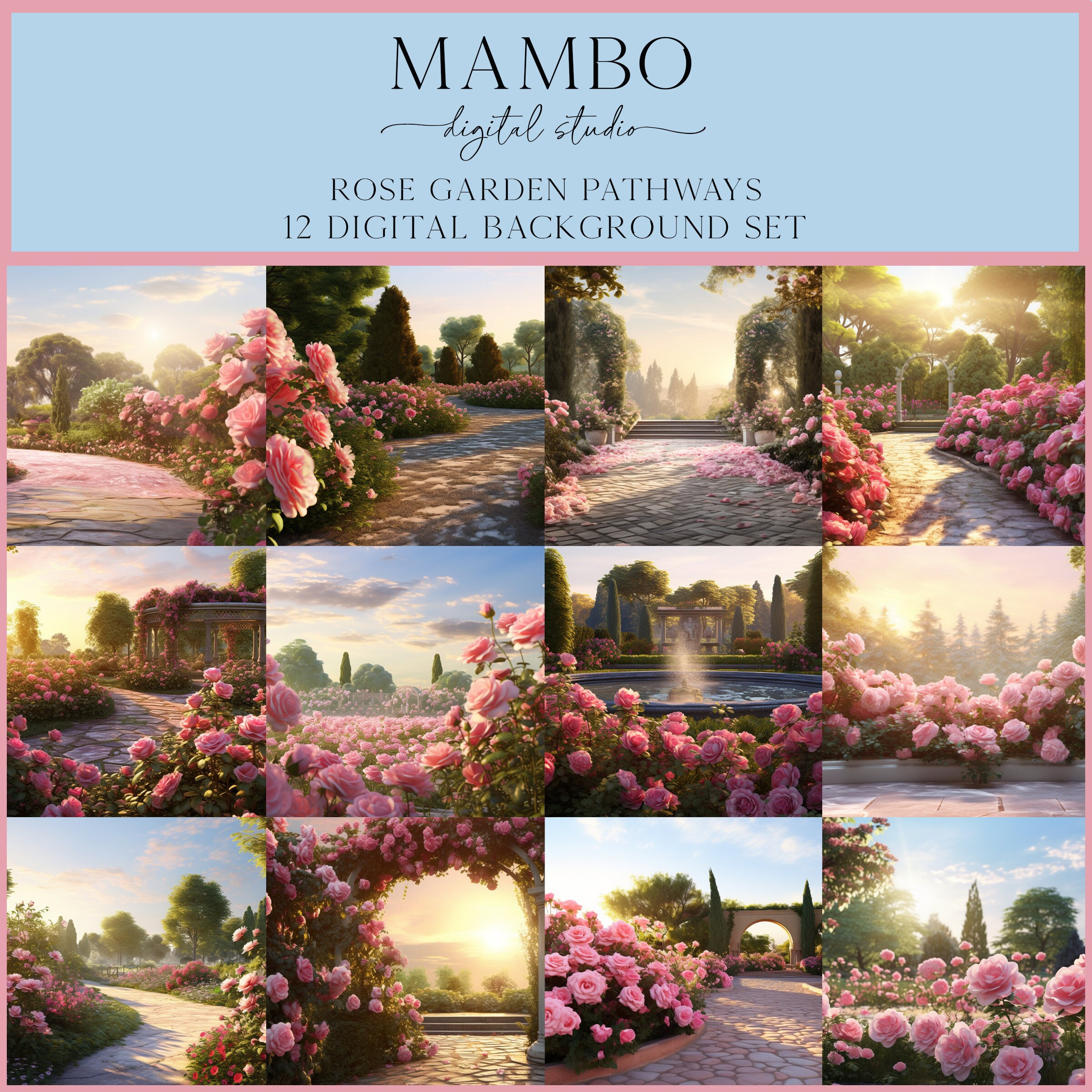 Rose Garden Pathways Digital Backdrop Set, Photoshop Background ...