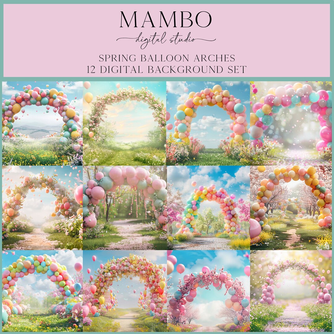 Spring Balloon Arch Digital Backdrop Set, Photoshop Background, Digital ...
