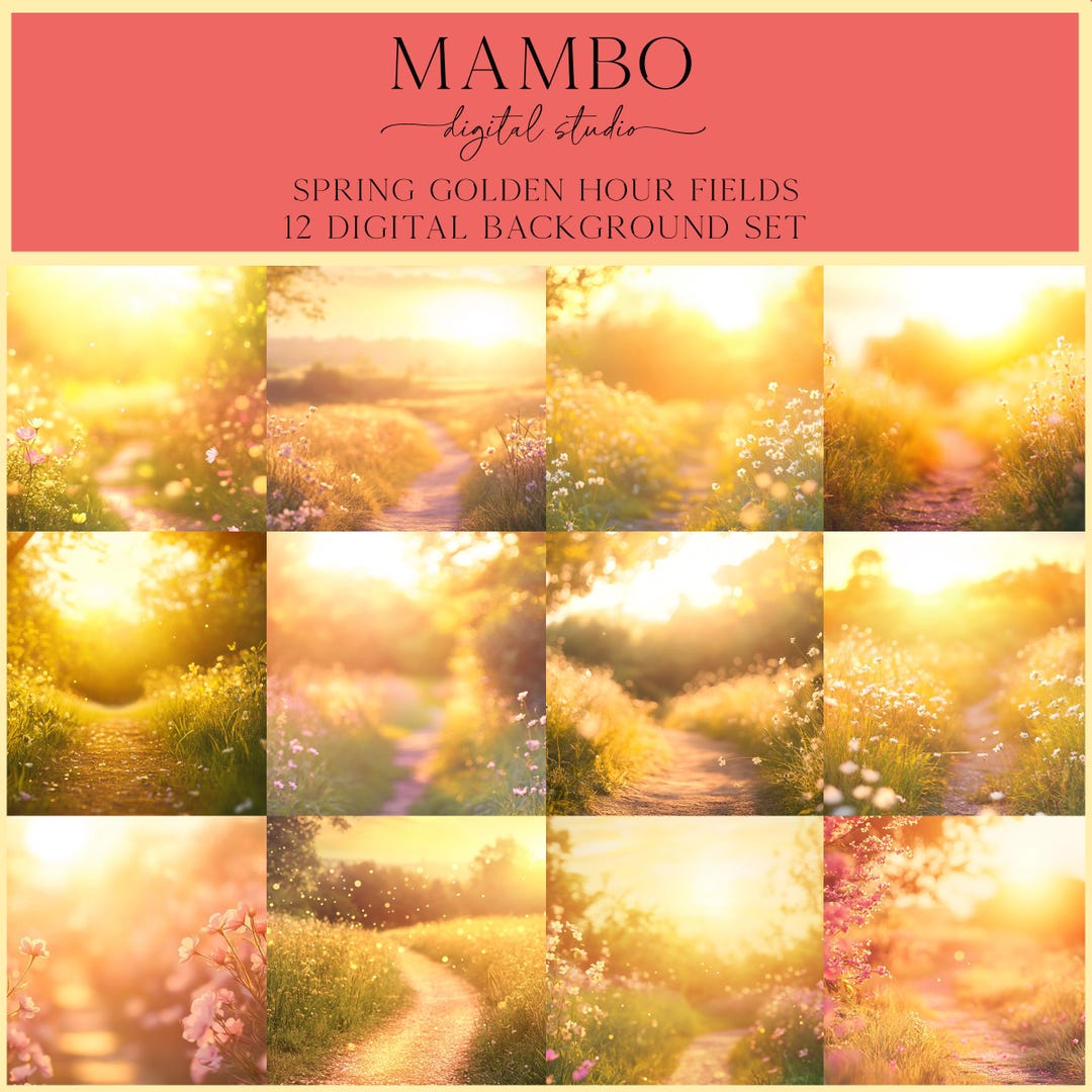 Spring Golden Hour Field Scenes Digital Backdrop Set, Photoshop ...