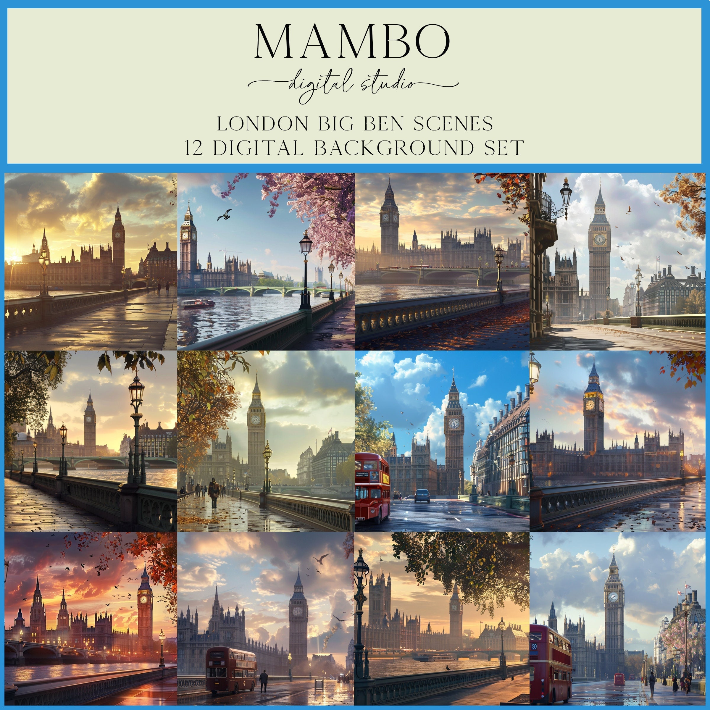 London Big Ben Street Scenes Digital Backdrop Set, Photoshop Background ...