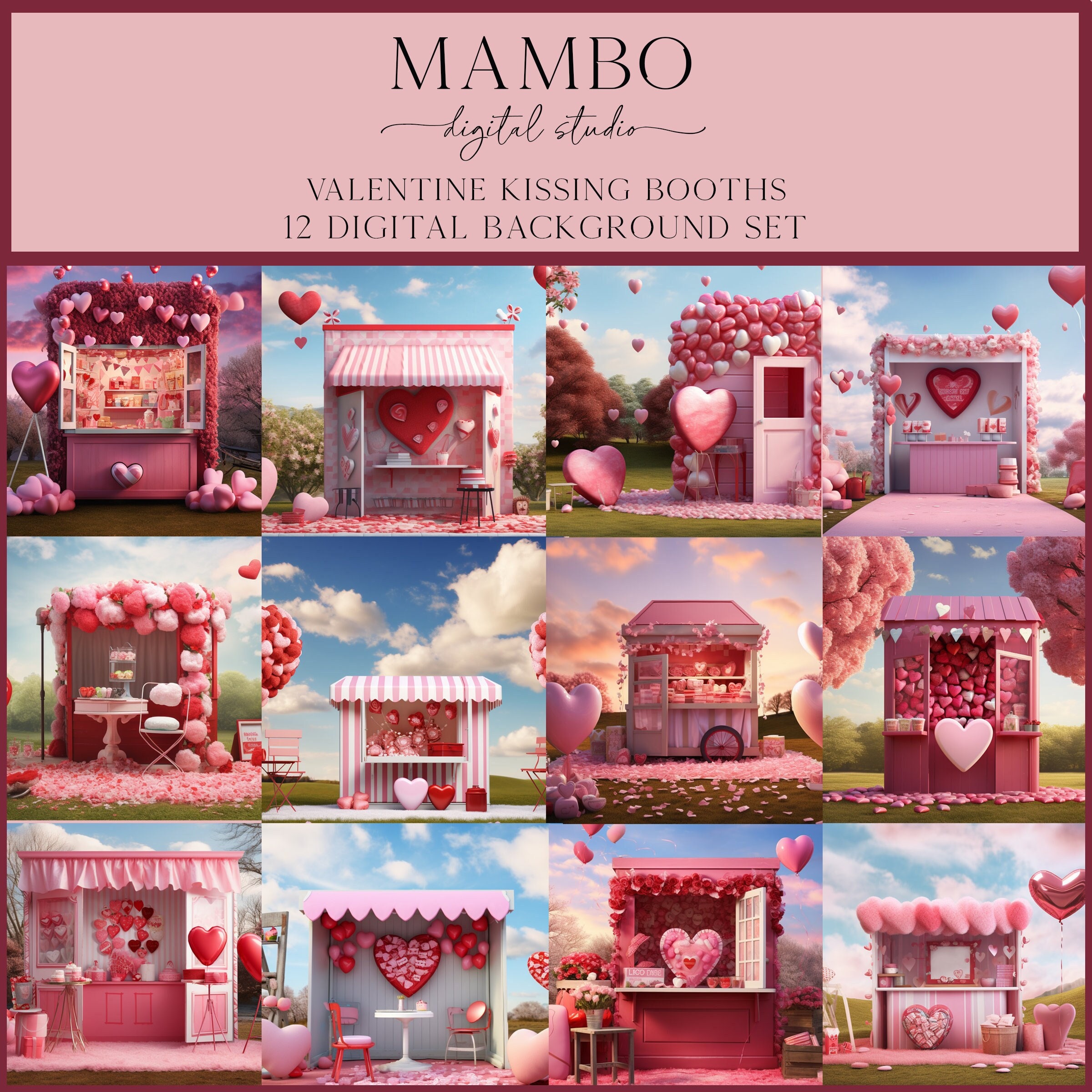 Valentine Kissing Booths Digital Backdrop Set Photoshop Background Digital Background