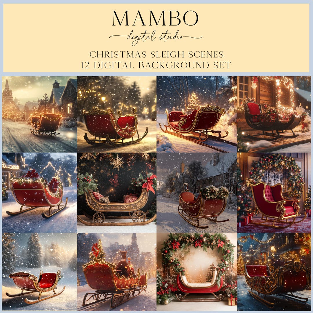 Christmas Sleigh Scenes Digital Backdrop Set, Photoshop Background ...