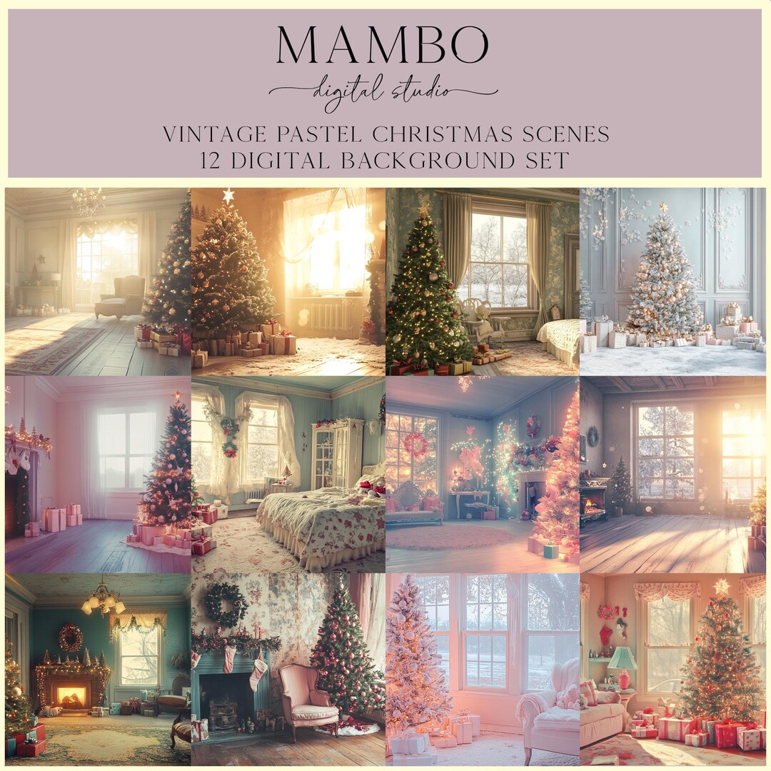 Vintage Pastel Christmas Scenes Digital Backdrop Set, Photoshop ...