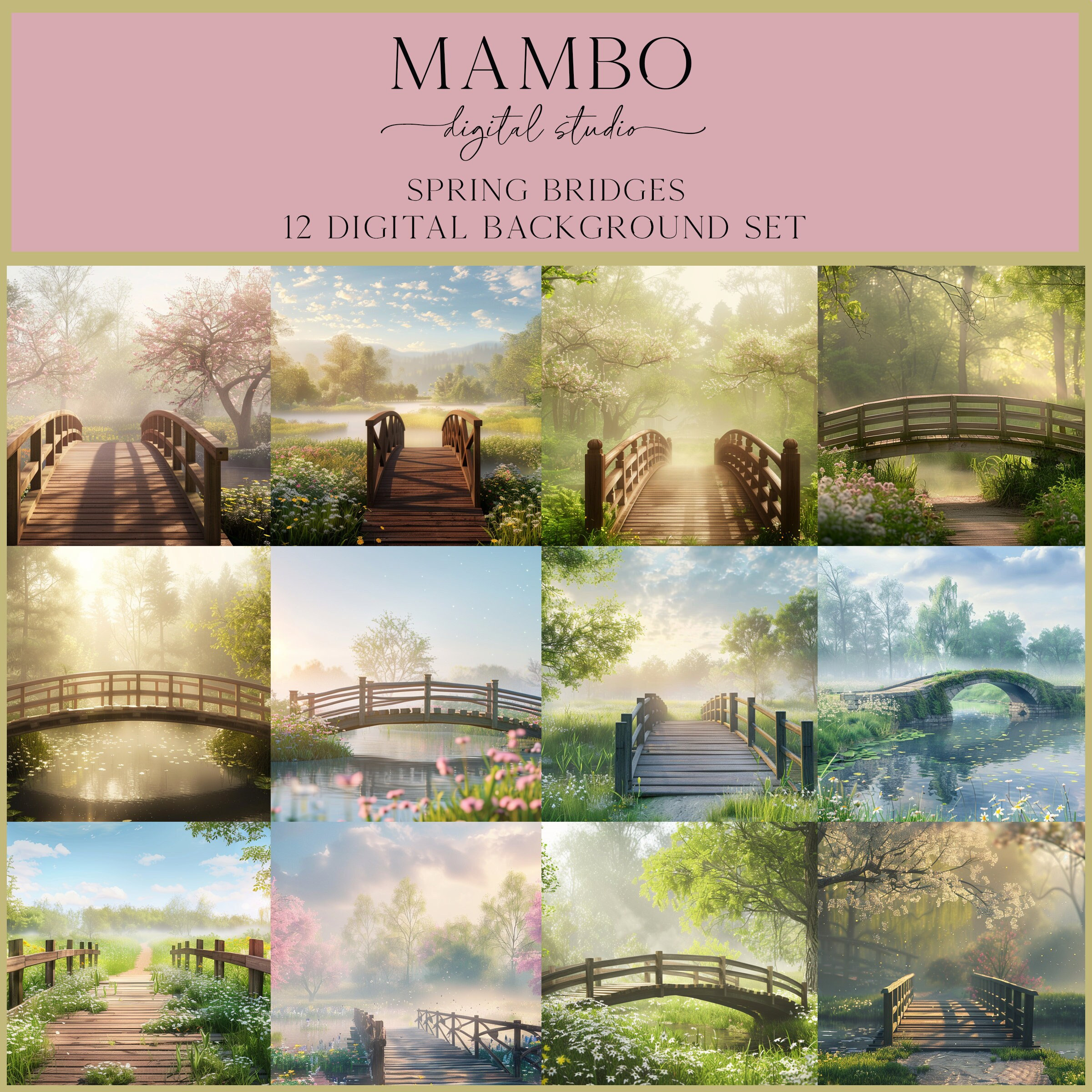 Spring Bridges Digital Backdrop Set, Photoshop Background, Digital ...