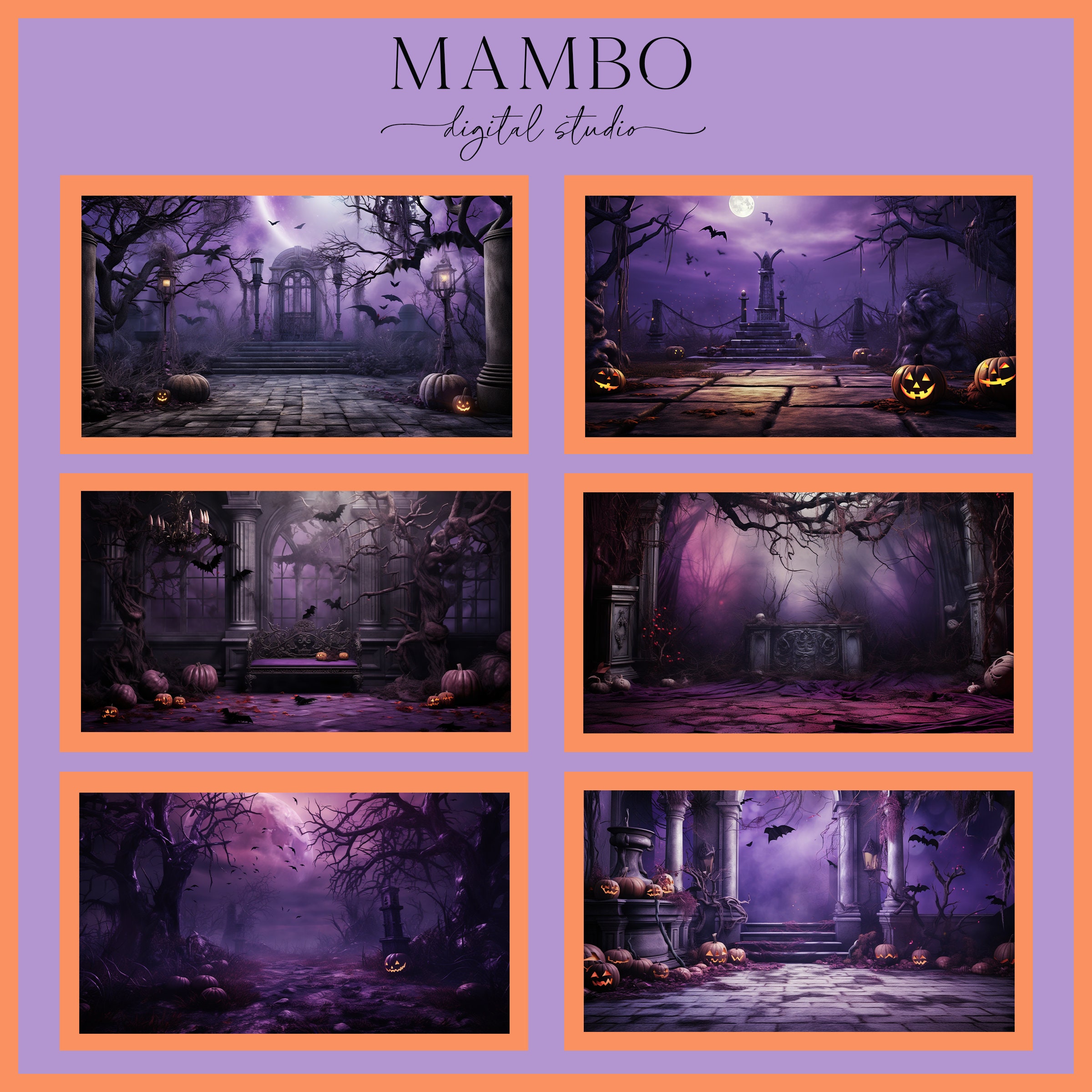 Spooky Purple Halloween Scenes Digital Backdrop Set, Photoshop ...