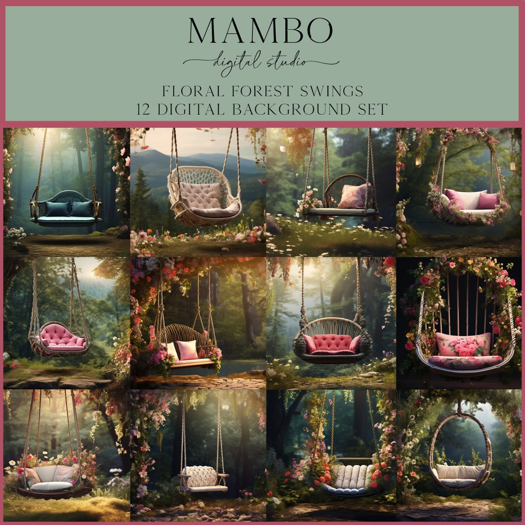 Floral Forest Swings Digital Backdrop Set, Photoshop Background ...