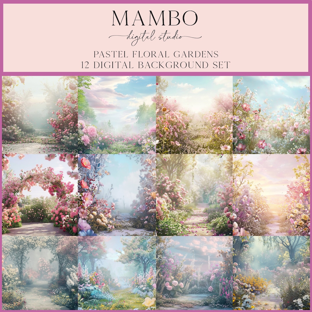 Pastel Floral Gardens Digital Backdrop Set, Photoshop Background ...