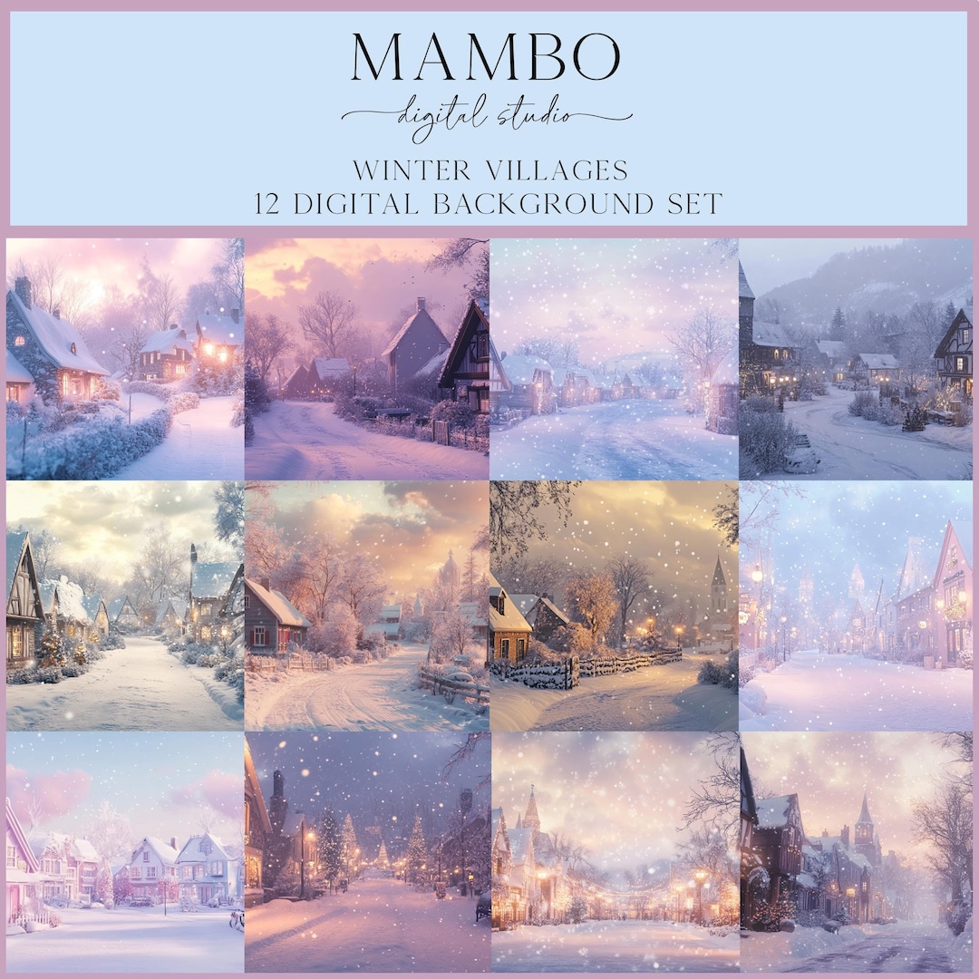 Winter Village Scenes Digital Backdrop Set, Photoshop Background ...