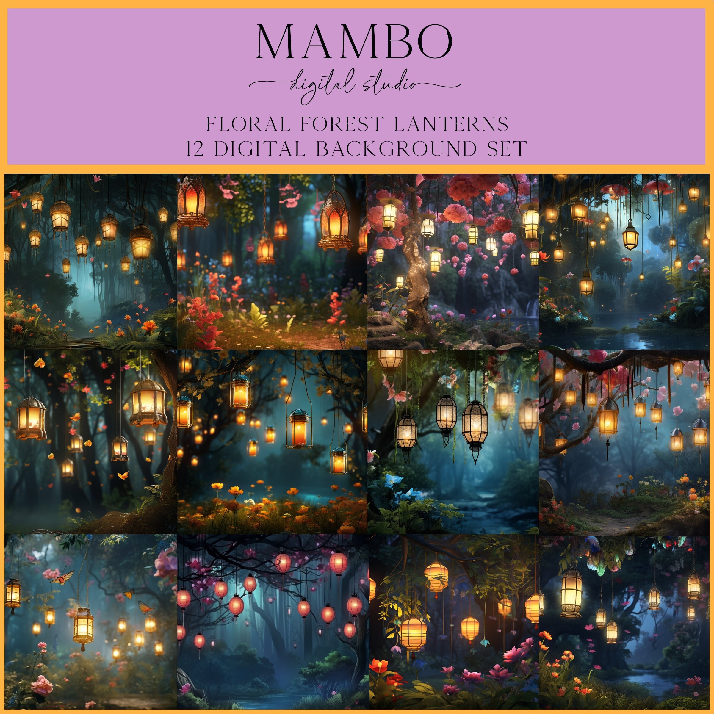 Floral Forest Lanterns Digital Backdrop Set, Photoshop Background ...