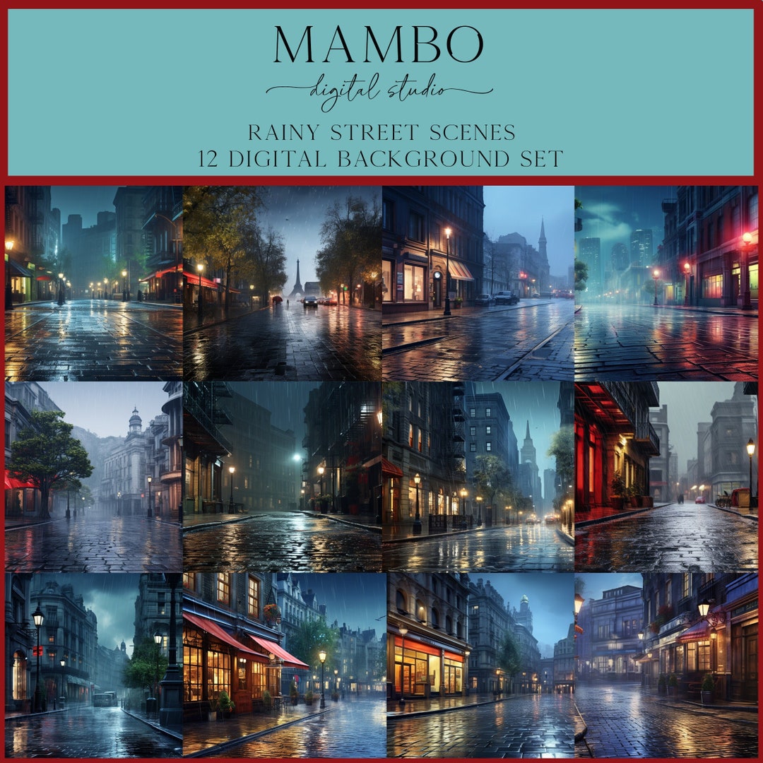 Rainy Street Scenes Digital Backdrop Set, Photoshop Digital Background ...