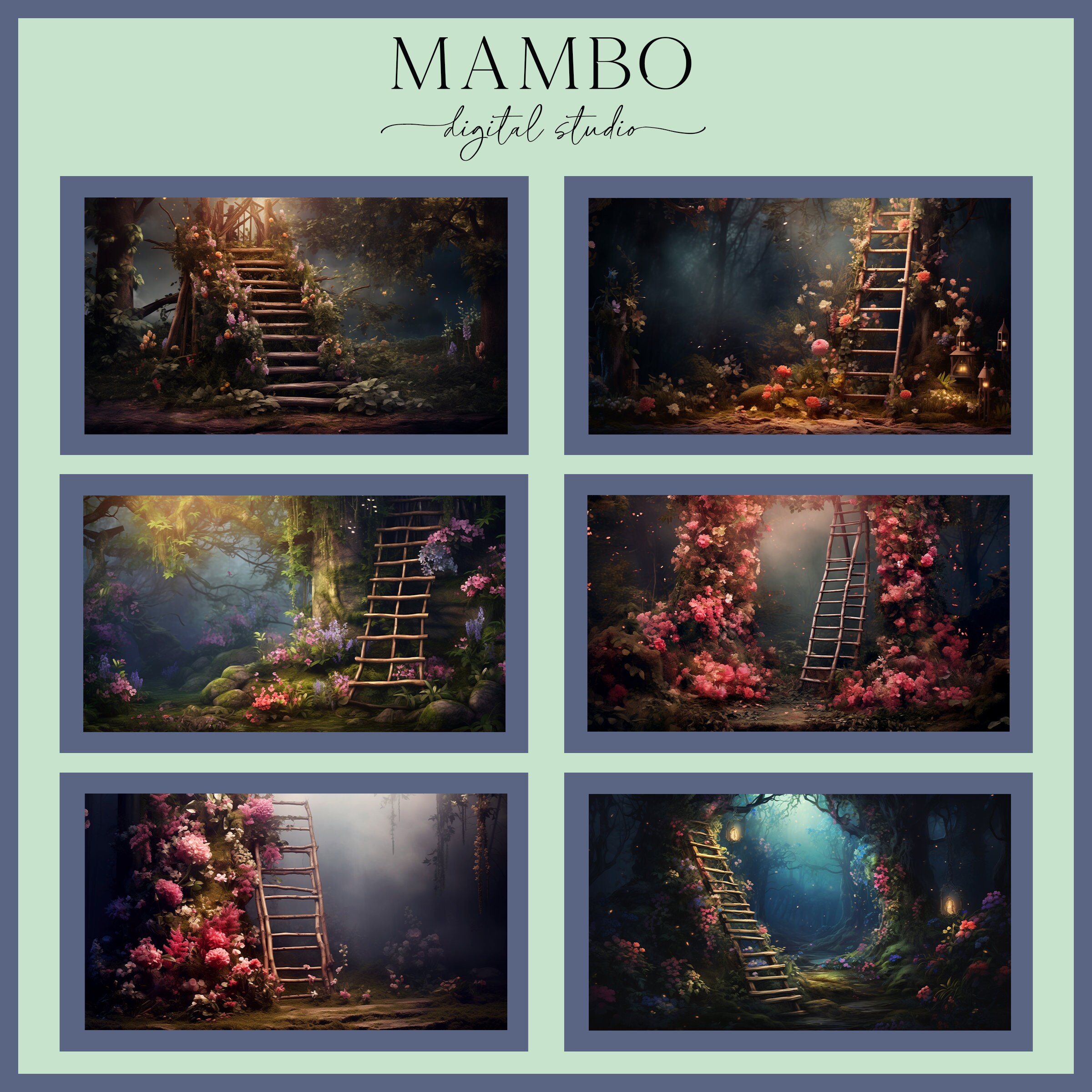 Floral Forest Ladders Digital Backdrop Set, Photoshop Background ...