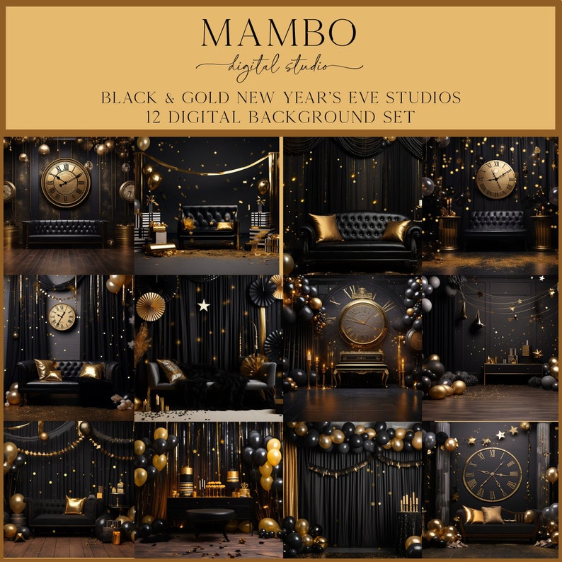 Black and Gold New Years Eve Studio Scenes Dance Digital Backdrop Set ...