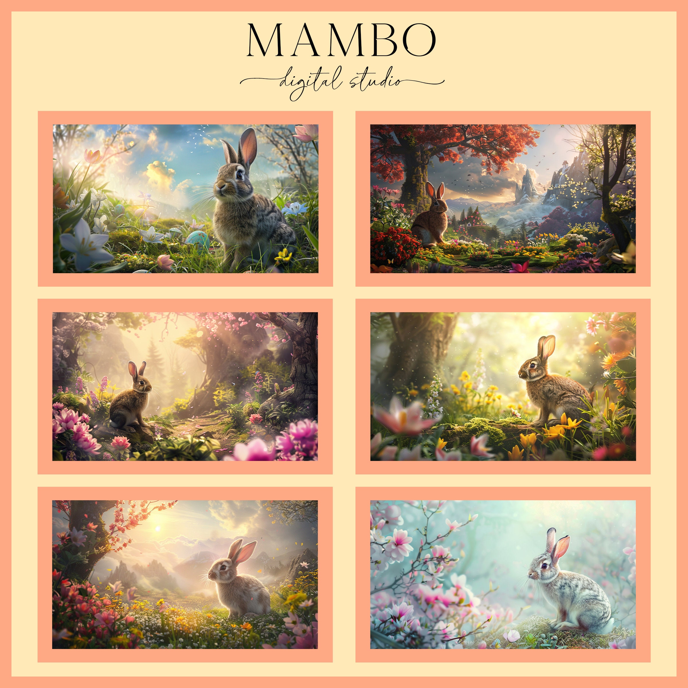 Easter Bunny Spring Scenes Digital Backdrop Set, Photoshop Background ...