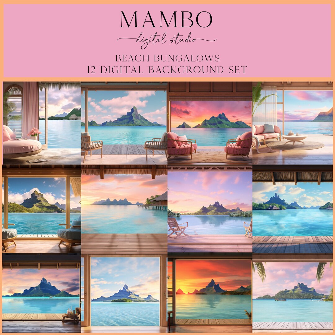 Beach Bungalows Digital Backdrop Set, Photoshop Background, Digital ...