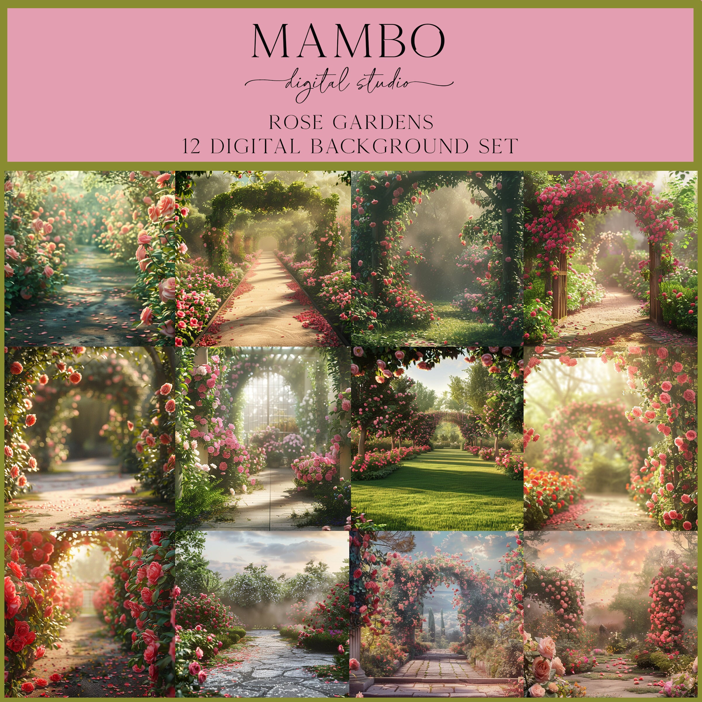 Rose Gardens Floral Digital Backdrop Set, Photoshop Background, Digital ...